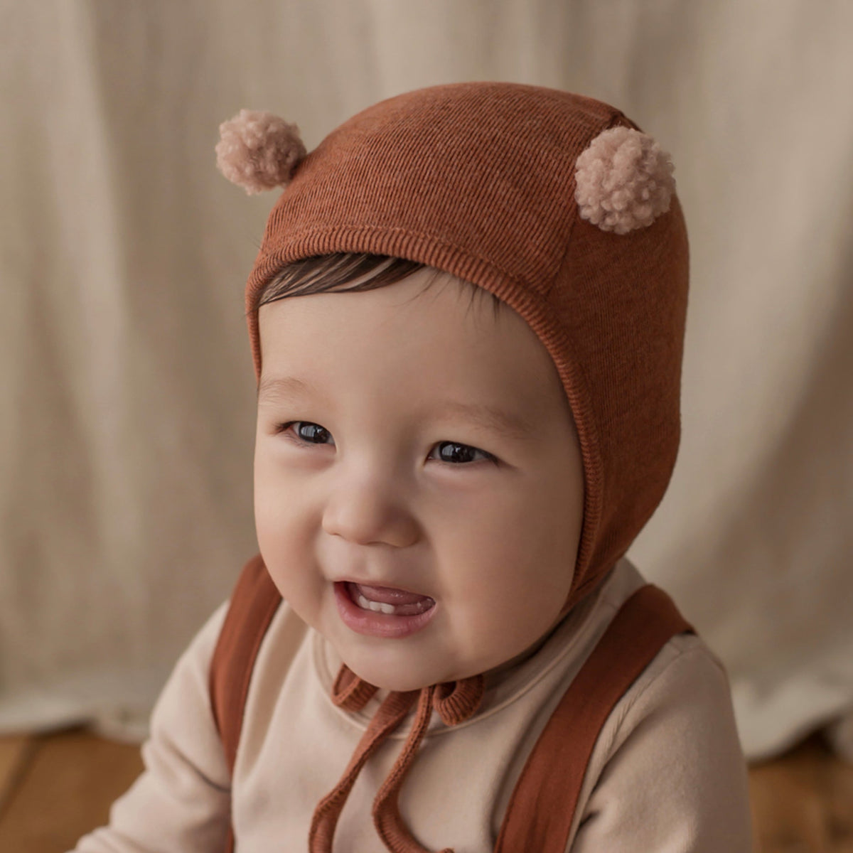 Fuzzy Bear Pom Pilot Bonnet | Hello Little Crew